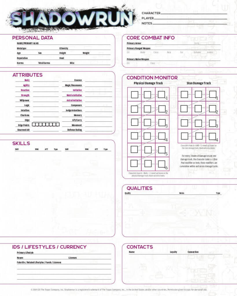Shadowrun Sixth Form Fillable Character Sheet - Printable Forms Free Online
